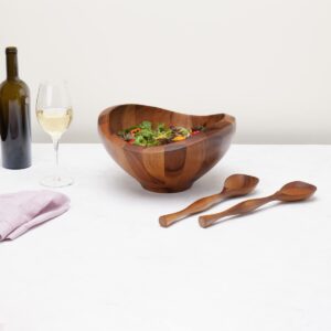 nambe Bella Salad Bowl with Servers | 3 Piece Wooden Salad Bowl Set with Serving Utensils | Acacia Wood Salad Tosser and Fruit Bowl | Housewarming Gift with Gift Box