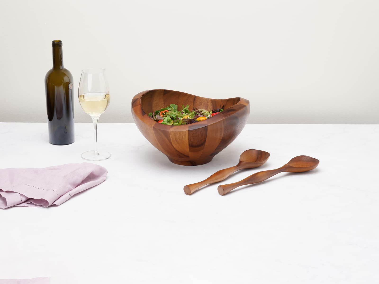 nambe Bella Salad Bowl with Servers | 3 Piece Wooden Salad Bowl Set with Serving Utensils | Acacia Wood Salad Tosser and Fruit Bowl | Housewarming Gift with Gift Box