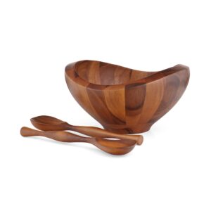 nambe Bella Salad Bowl with Servers | 3 Piece Wooden Salad Bowl Set with Serving Utensils | Acacia Wood Salad Tosser and Fruit Bowl | Housewarming Gift with Gift Box