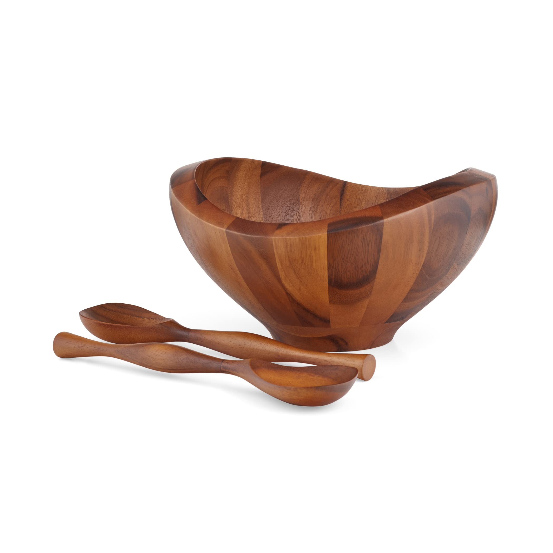 nambe Bella Salad Bowl with Servers | 3 Piece Wooden Salad Bowl Set with Serving Utensils | Acacia Wood Salad Tosser and Fruit Bowl | Housewarming Gift with Gift Box