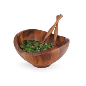 nambe Bella Salad Bowl with Servers | 3 Piece Wooden Salad Bowl Set with Serving Utensils | Acacia Wood Salad Tosser and Fruit Bowl | Housewarming Gift with Gift Box