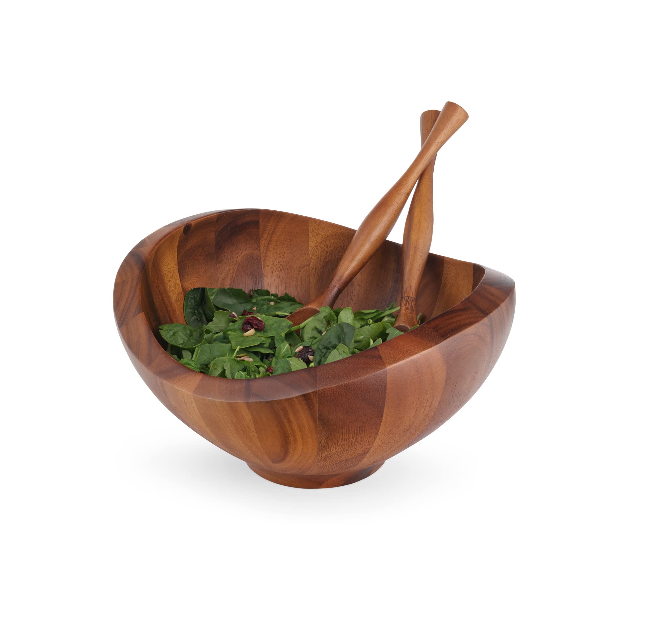 nambe Bella Salad Bowl with Servers | 3 Piece Wooden Salad Bowl Set with Serving Utensils | Acacia Wood Salad Tosser and Fruit Bowl | Housewarming Gift with Gift Box