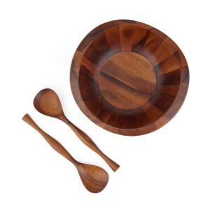 nambe Bella Salad Bowl with Servers | 3 Piece Wooden Salad Bowl Set with Serving Utensils | Acacia Wood Salad Tosser and Fruit Bowl | Housewarming Gift with Gift Box