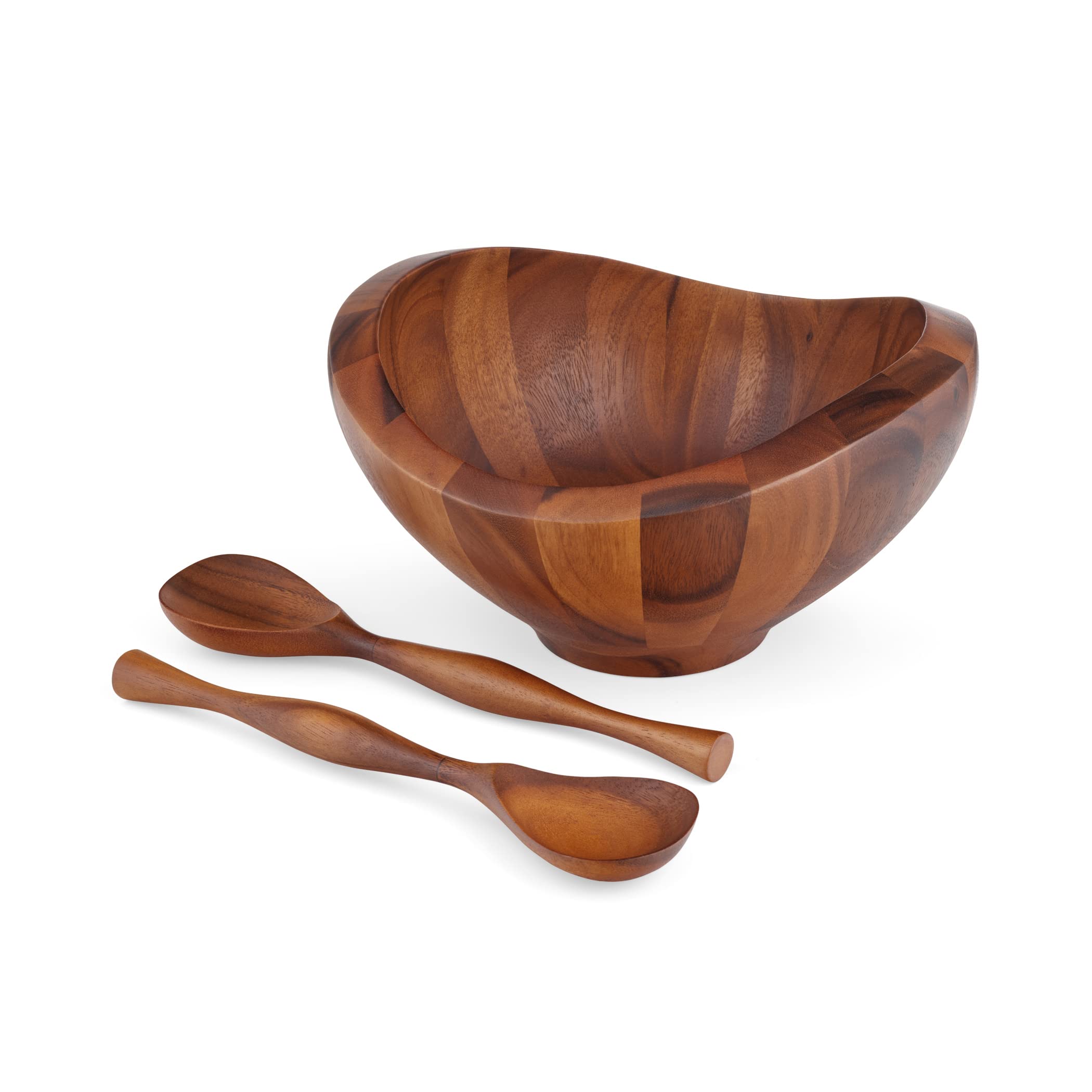 nambe Bella Salad Bowl with Servers | 3 Piece Wooden Salad Bowl Set with Serving Utensils | Acacia Wood Salad Tosser and Fruit Bowl | Housewarming Gift with Gift Box