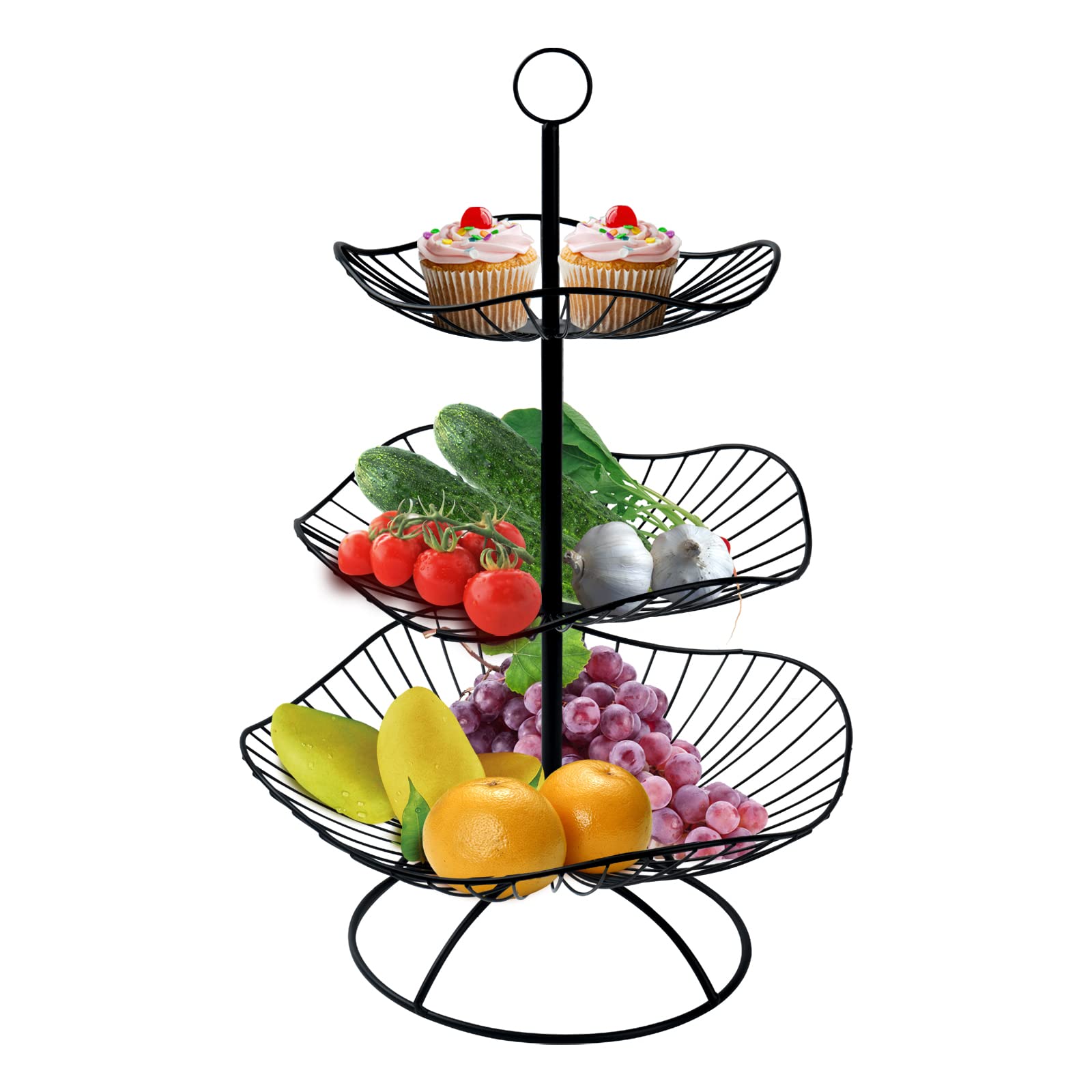 GDYOOSHOW 3 Tier Fruit Basket Multi-layer Fruit Bowl Metal Waves Fruit Holder 18.6" Tall Black