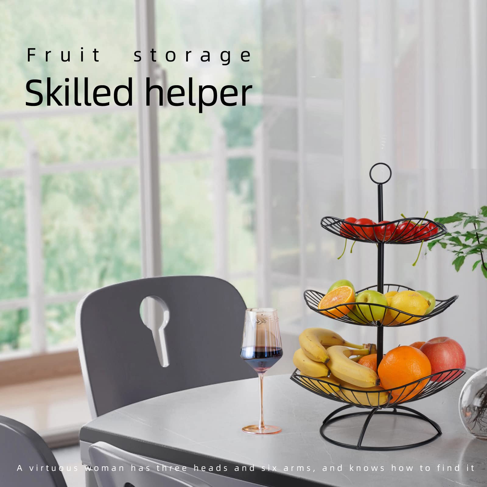 GDYOOSHOW 3 Tier Fruit Basket Multi-layer Fruit Bowl Metal Waves Fruit Holder 18.6" Tall Black