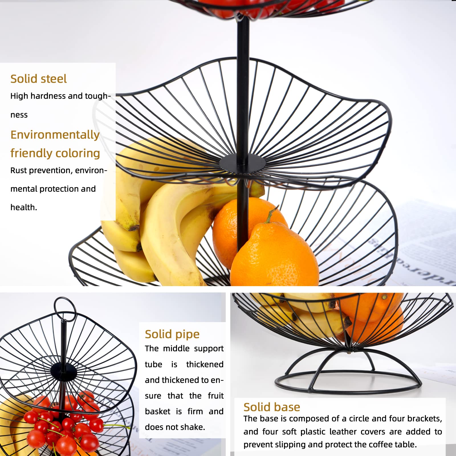 GDYOOSHOW 3 Tier Fruit Basket Multi-layer Fruit Bowl Metal Waves Fruit Holder 18.6" Tall Black