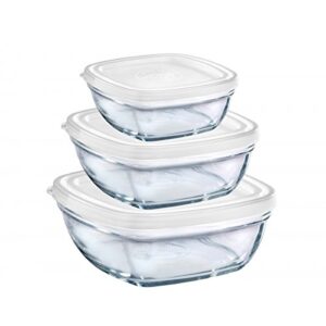 duralex - lys square stackable bowl with white lid, set of 3 sizes