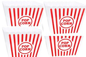 tdst set of 4 large plastic popcorn tubs, 8.75x8.75 in. retro classic red and white striped bowl reusable movie theater bucket with bonus tdst upendo