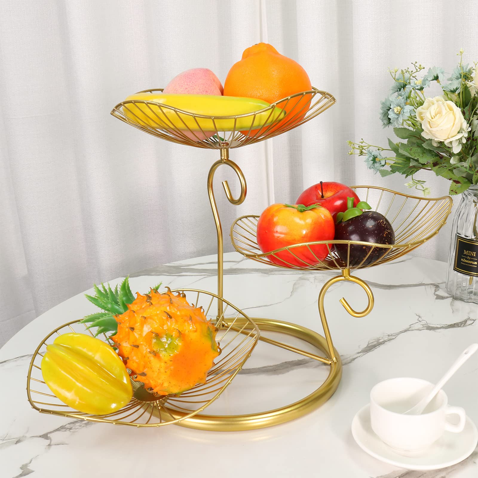 3 Tier Fruit Basket Fruit Bowl Wire Basket Stand For VegetablesDecorative Fruit Bowl Stand Detachable Bread Snacks Baskets Holder Large Capacity Fruit Tray(Gold)