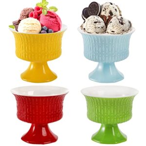 topzea 4 pack ceramic ice cream bowls, 10 oz cute ice cream sundae cups mini parfait trifle cup, footed dessert serving tasting bowl dish for yogurt, soup, fruit salad, pudding, 4 colors