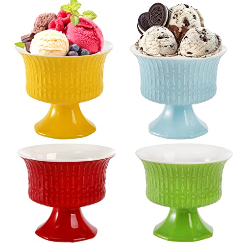 TOPZEA 4 Pack Ceramic Ice Cream Bowls, 10 oz Cute Ice Cream Sundae Cups Mini Parfait Trifle Cup, Footed Dessert Serving Tasting Bowl Dish for Yogurt, Soup, Fruit Salad, Pudding, 4 Colors