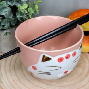 Ebros Whimsical Ceramic Peachy Pink Lucky Meow Cat Pasta Ramen Udong Pho Noodles Soup Bowl and Chopsticks Set Dining Gourmet Meal Feline Cats Collection Rice Bowls Decor Kitchen