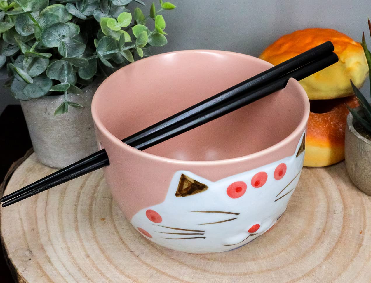 Ebros Whimsical Ceramic Peachy Pink Lucky Meow Cat Pasta Ramen Udong Pho Noodles Soup Bowl and Chopsticks Set Dining Gourmet Meal Feline Cats Collection Rice Bowls Decor Kitchen