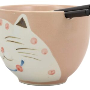 Ebros Whimsical Ceramic Peachy Pink Lucky Meow Cat Pasta Ramen Udong Pho Noodles Soup Bowl and Chopsticks Set Dining Gourmet Meal Feline Cats Collection Rice Bowls Decor Kitchen