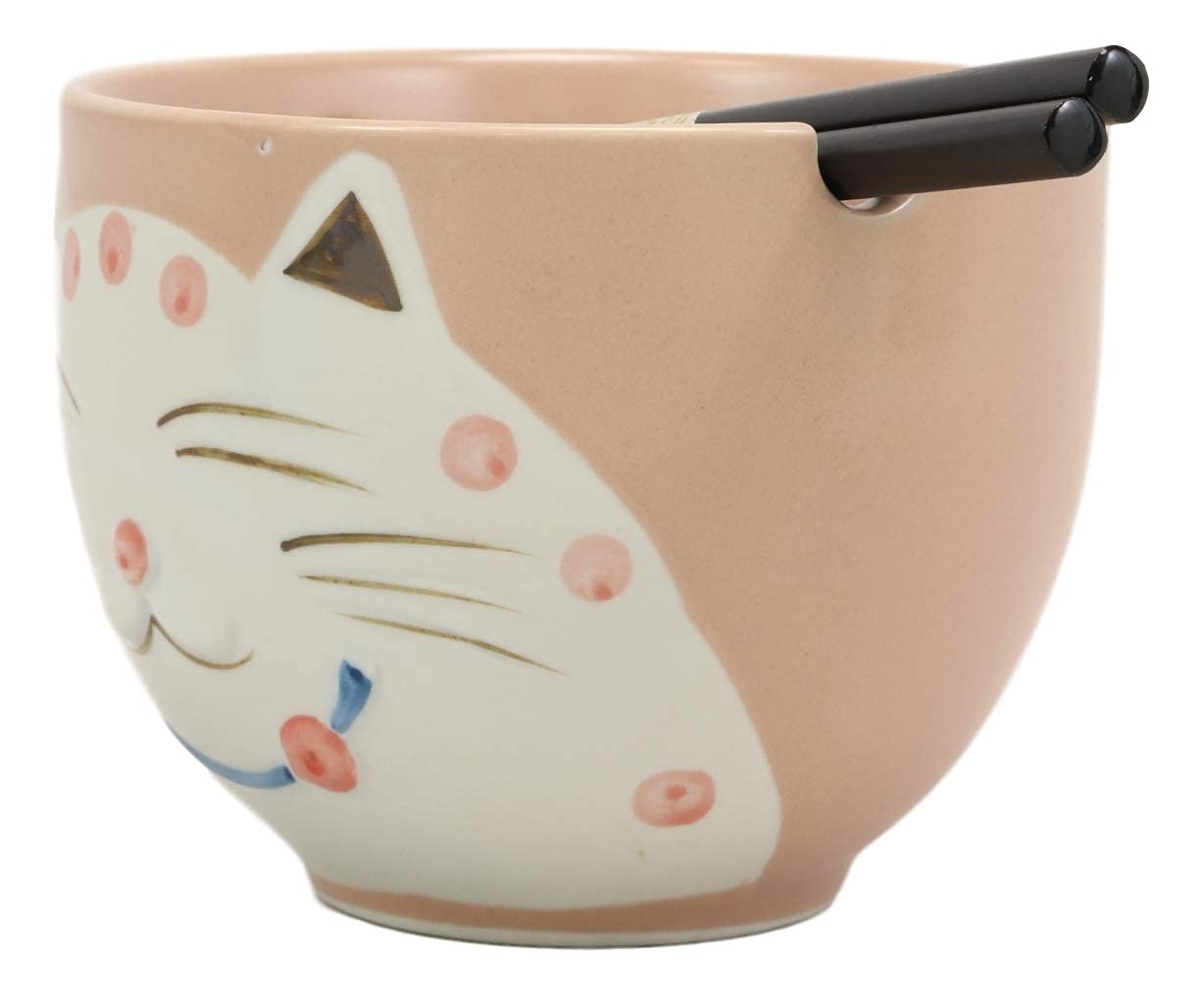 Ebros Whimsical Ceramic Peachy Pink Lucky Meow Cat Pasta Ramen Udong Pho Noodles Soup Bowl and Chopsticks Set Dining Gourmet Meal Feline Cats Collection Rice Bowls Decor Kitchen