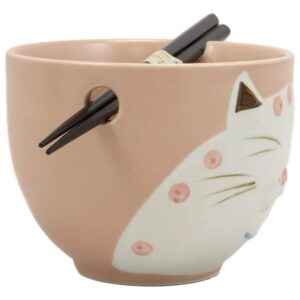 Ebros Whimsical Ceramic Peachy Pink Lucky Meow Cat Pasta Ramen Udong Pho Noodles Soup Bowl and Chopsticks Set Dining Gourmet Meal Feline Cats Collection Rice Bowls Decor Kitchen