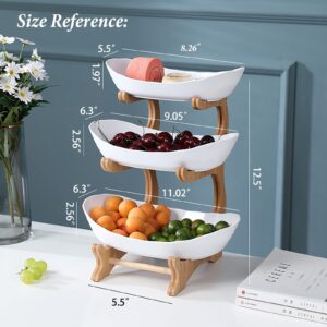 fghuim 3 Tier Ceramic Fruit Bowls with Bamboo Stand,Decorative Ceramic Friut Bowl with Bamboo Holder for Kitchen Counter White(Include 1 Y Stainless Steel Peeler,3 Oranger Finger Peelers)