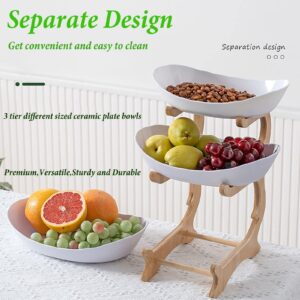 fghuim 3 Tier Ceramic Fruit Bowls with Bamboo Stand,Decorative Ceramic Friut Bowl with Bamboo Holder for Kitchen Counter White(Include 1 Y Stainless Steel Peeler,3 Oranger Finger Peelers)