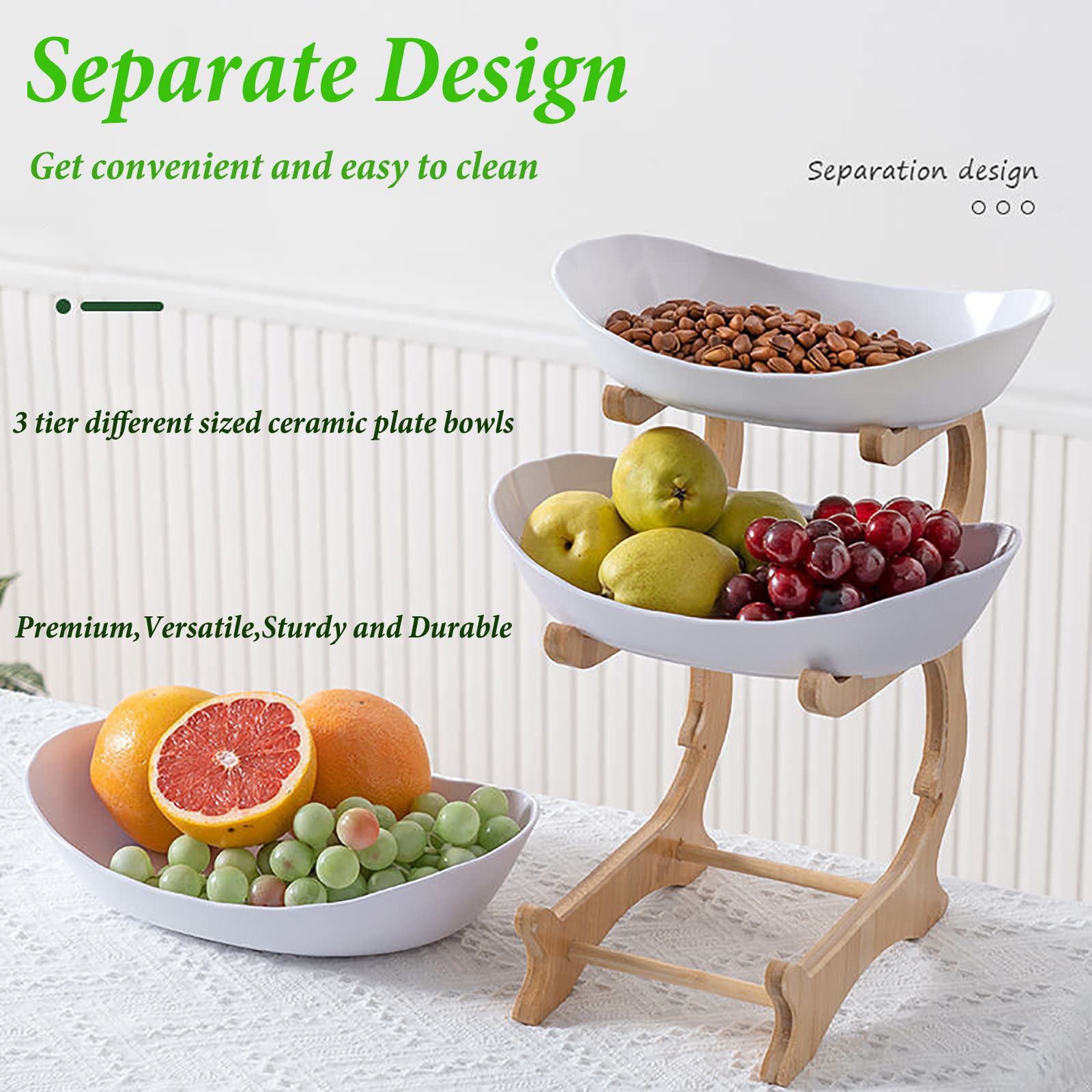 fghuim 3 Tier Ceramic Fruit Bowls with Bamboo Stand,Decorative Ceramic Friut Bowl with Bamboo Holder for Kitchen Counter White(Include 1 Y Stainless Steel Peeler,3 Oranger Finger Peelers)