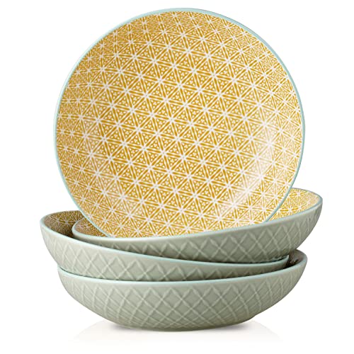 Chubacoo Pasta Bowls Set of 4: Large Salad Serving Bowls - Wide & Shallow Dinner Bowls - Embossed Deep Plates for Entree, Soup - Big Ceramic Bowl for Kitchen Microwave Safe - 8.5 Inch, 36 oz (Yellow)