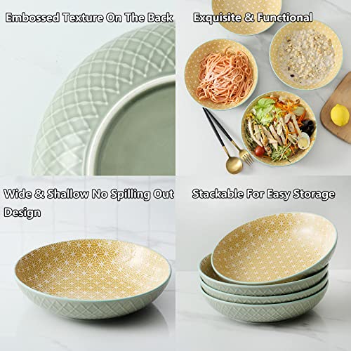 Chubacoo Pasta Bowls Set of 4: Large Salad Serving Bowls - Wide & Shallow Dinner Bowls - Embossed Deep Plates for Entree, Soup - Big Ceramic Bowl for Kitchen Microwave Safe - 8.5 Inch, 36 oz (Yellow)