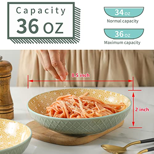 Chubacoo Pasta Bowls Set of 4: Large Salad Serving Bowls - Wide & Shallow Dinner Bowls - Embossed Deep Plates for Entree, Soup - Big Ceramic Bowl for Kitchen Microwave Safe - 8.5 Inch, 36 oz (Yellow)