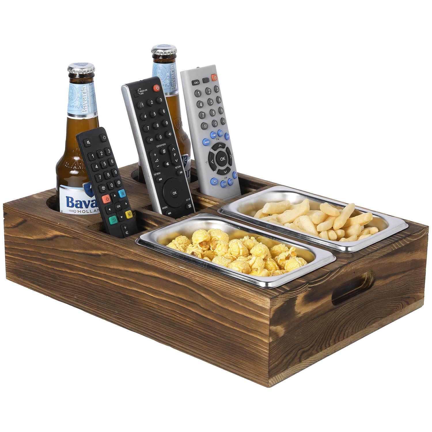 MyGift Rustic Burnt Solid Wood Snack Bowl and Tray Caddy with 2 Drink Holders and Remote Control Holder Slots, Living Room Movie Night Entertainment Serving Tray