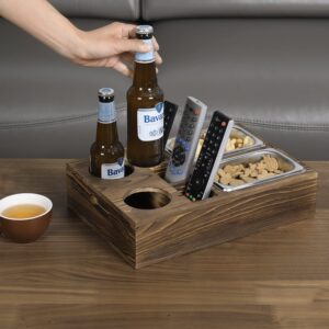 MyGift Rustic Burnt Solid Wood Snack Bowl and Tray Caddy with 2 Drink Holders and Remote Control Holder Slots, Living Room Movie Night Entertainment Serving Tray