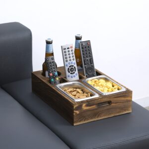 MyGift Rustic Burnt Solid Wood Snack Bowl and Tray Caddy with 2 Drink Holders and Remote Control Holder Slots, Living Room Movie Night Entertainment Serving Tray