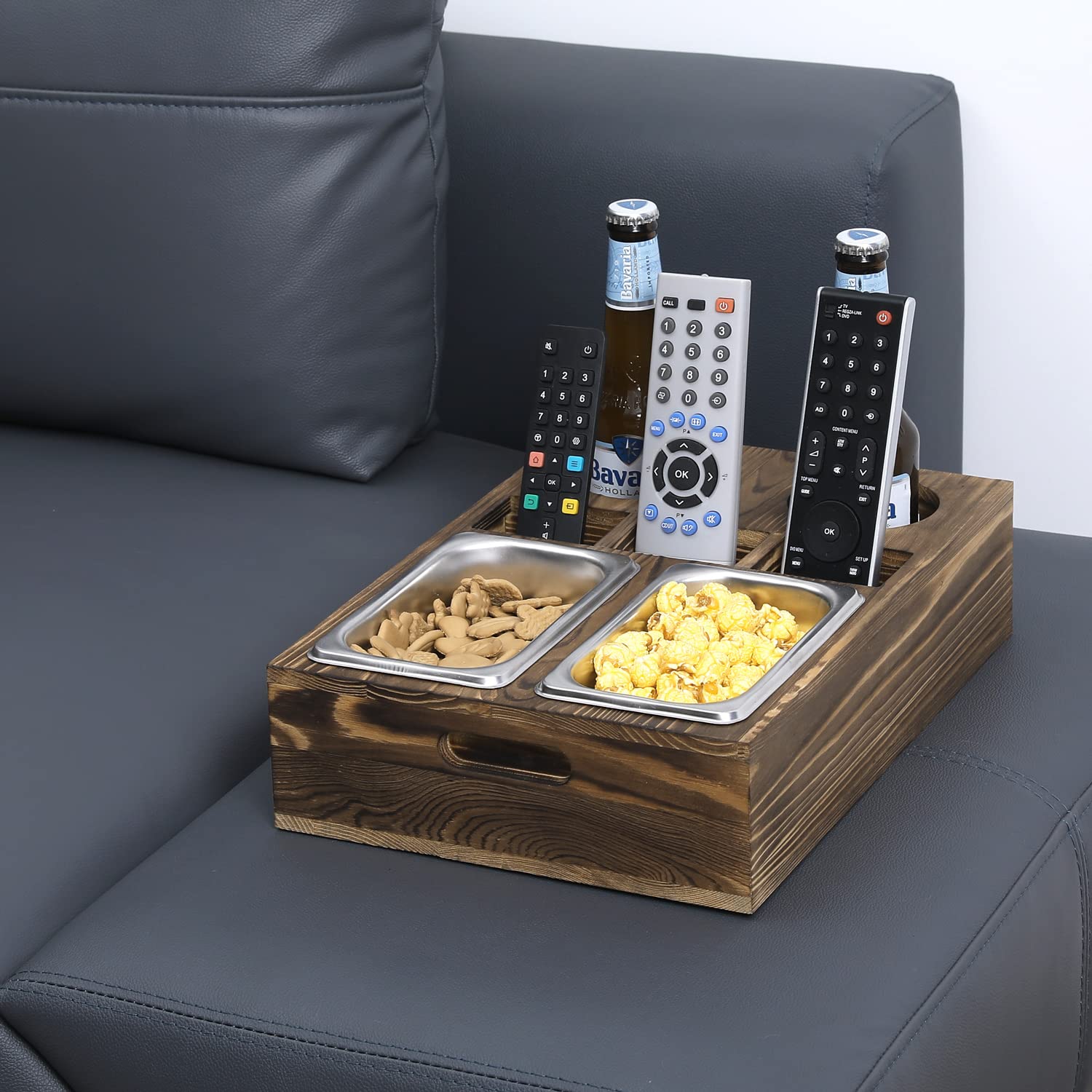 MyGift Rustic Burnt Solid Wood Snack Bowl and Tray Caddy with 2 Drink Holders and Remote Control Holder Slots, Living Room Movie Night Entertainment Serving Tray