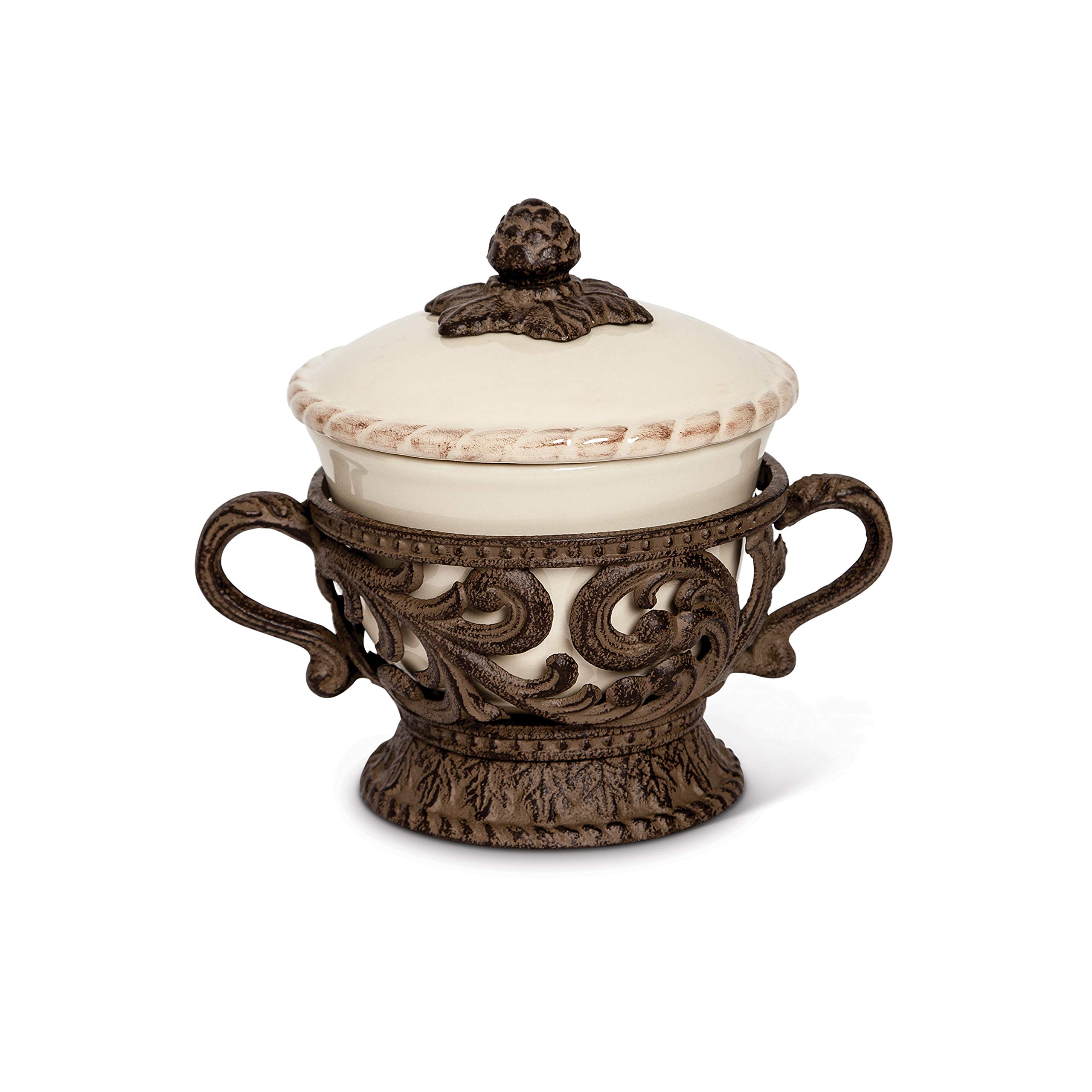 GG Collection Cream Ceramic Bowl and Lid with Detailed Ornate Acanthus Leaf Motif Base