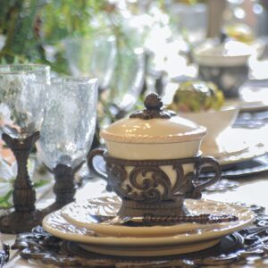 GG Collection Cream Ceramic Bowl and Lid with Detailed Ornate Acanthus Leaf Motif Base