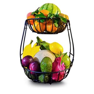 kitchen fruit basket stand 2 tier – tiered fruits, vegetable holder for kitchen countertop modern – produce storage organizer, fruit bowl, snack rack, screws free design produce bin - black