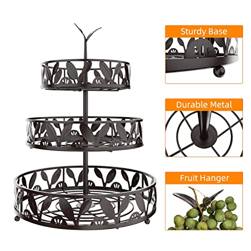 BUDO Fruit Basket, 3-Tier Fruit Bowl Vegetables Countertop Storage with Banana Hanger, Iron Metal Detachable Bread Holder Fruit Tray for Kitchen