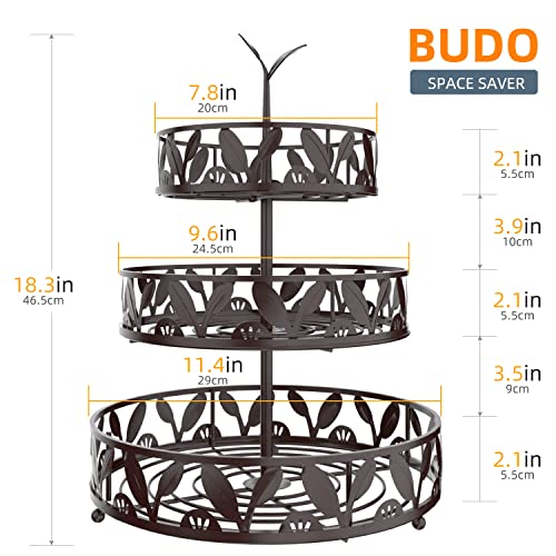 BUDO Fruit Basket, 3-Tier Fruit Bowl Vegetables Countertop Storage with Banana Hanger, Iron Metal Detachable Bread Holder Fruit Tray for Kitchen