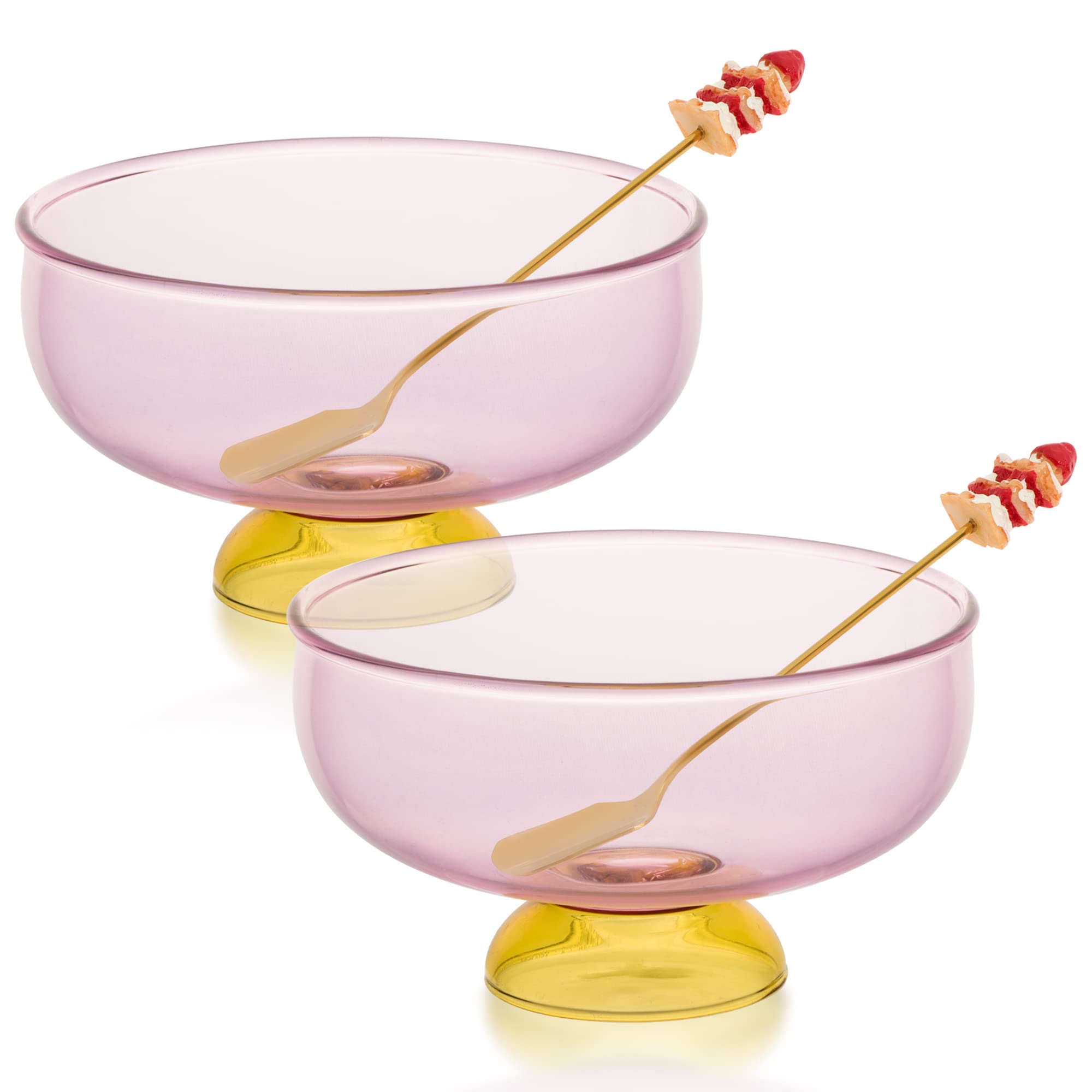 REAWOW Glass Dessert Bowls Set of 2 Ice Cream Bowl with 2 Gold-Plated Spoons Decorative Microwave Safe for Fruit,Snack,Candy Glass Bowl Set(Pink)