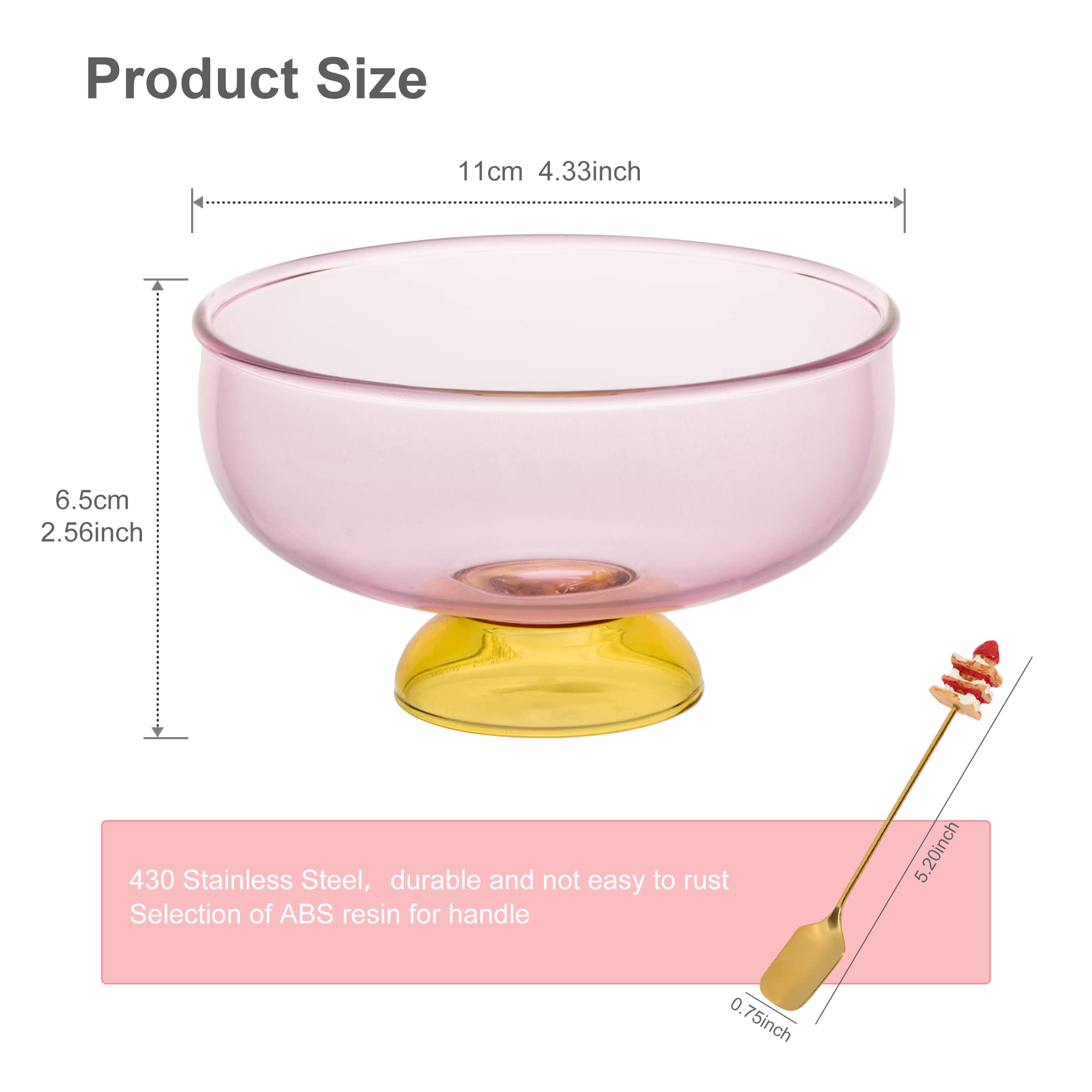 REAWOW Glass Dessert Bowls Set of 2 Ice Cream Bowl with 2 Gold-Plated Spoons Decorative Microwave Safe for Fruit,Snack,Candy Glass Bowl Set(Pink)