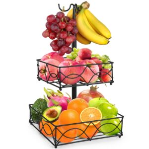 wryisse flower lattice 2 tier countertop fruit basket bowl with 3 banana hanger rectangular metal fruit storage basket stand for vegetable eggs snacks (black, flower design)