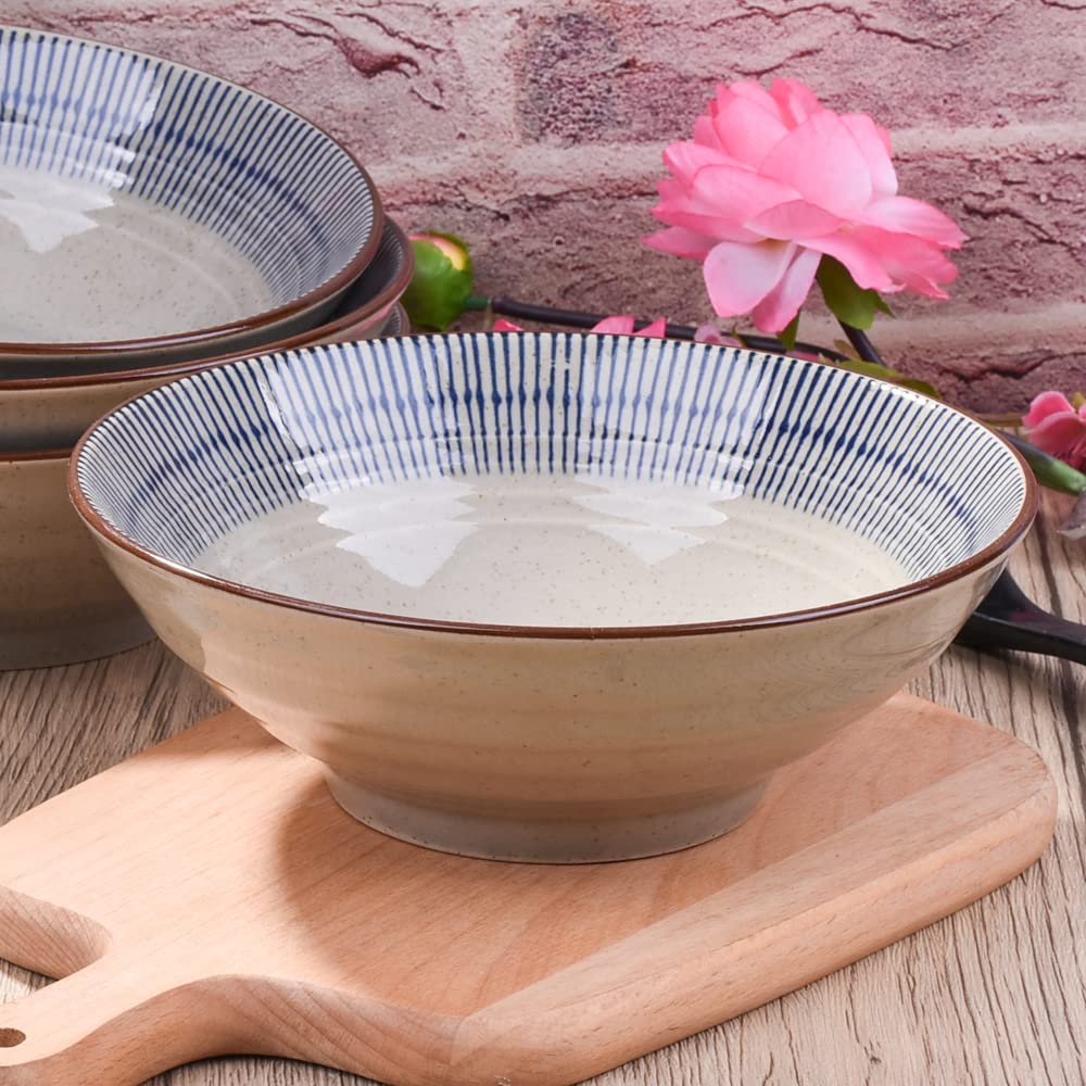 LMRLCS Japanese Ramen Bowls, 7.3 Inch (25.36 oz) Porcelain Noodle Pho Salad Soup Bowls Set of 4 Microwave Dishwasher Safe