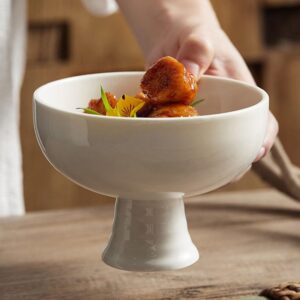 YARDWE Ceramic Footed Bowl Round Bowl Fruit Bowl Holder Dessert Display Stand Decorative Bowl for Kitchen Table Decor White (5inch)