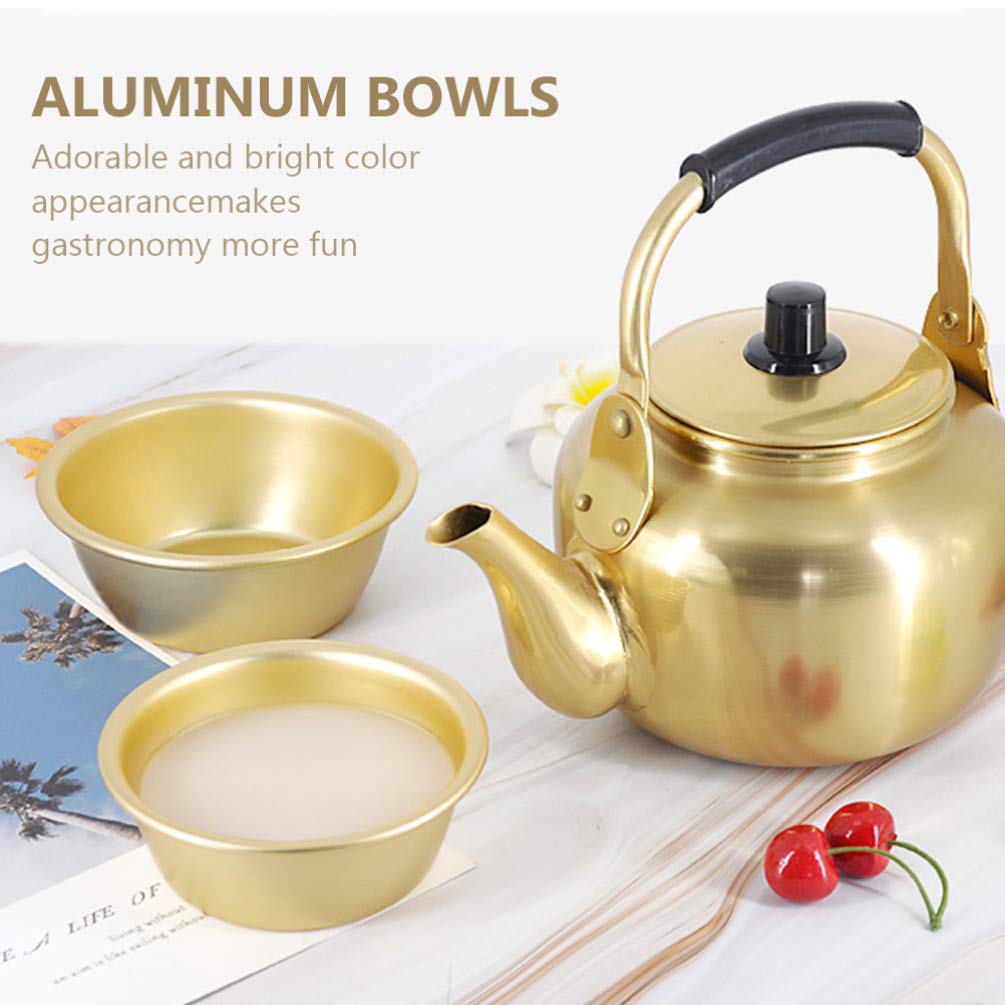 Yardwe 4Pcs Korean Traditional Makgeolli Bowls Round Rice Wine Bowls Mini Aluminum Soup Dishes for Home Kitchen Golden