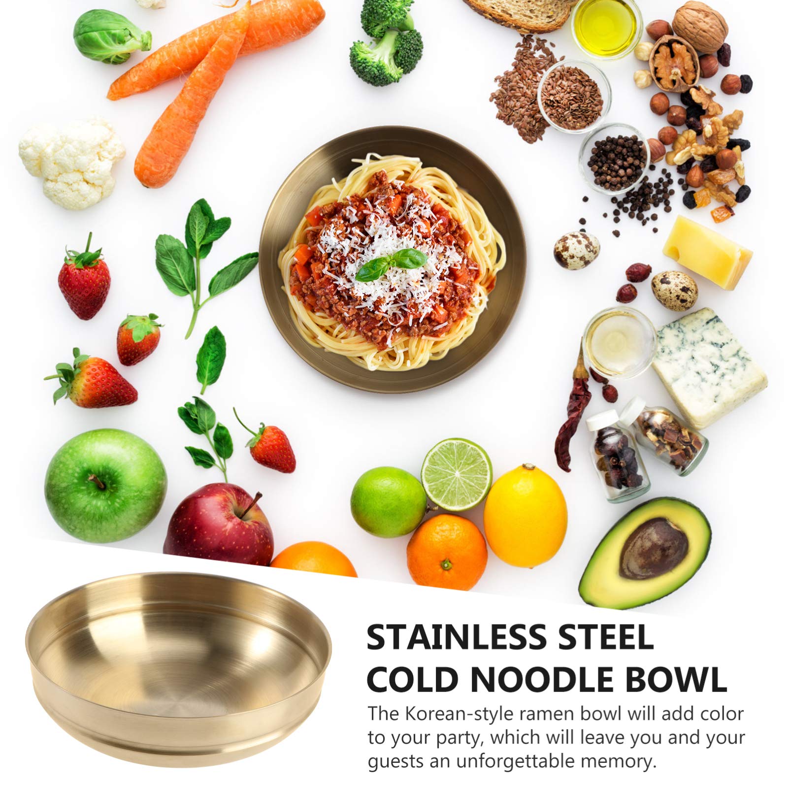 Hemoton Stainless Steel Bowl Soup Bowls Pasta Serving Bowl Asian Dishes Multipurpose Bowl Porcelain Tableware for Salad Soup Rice Cold Noodle Golden