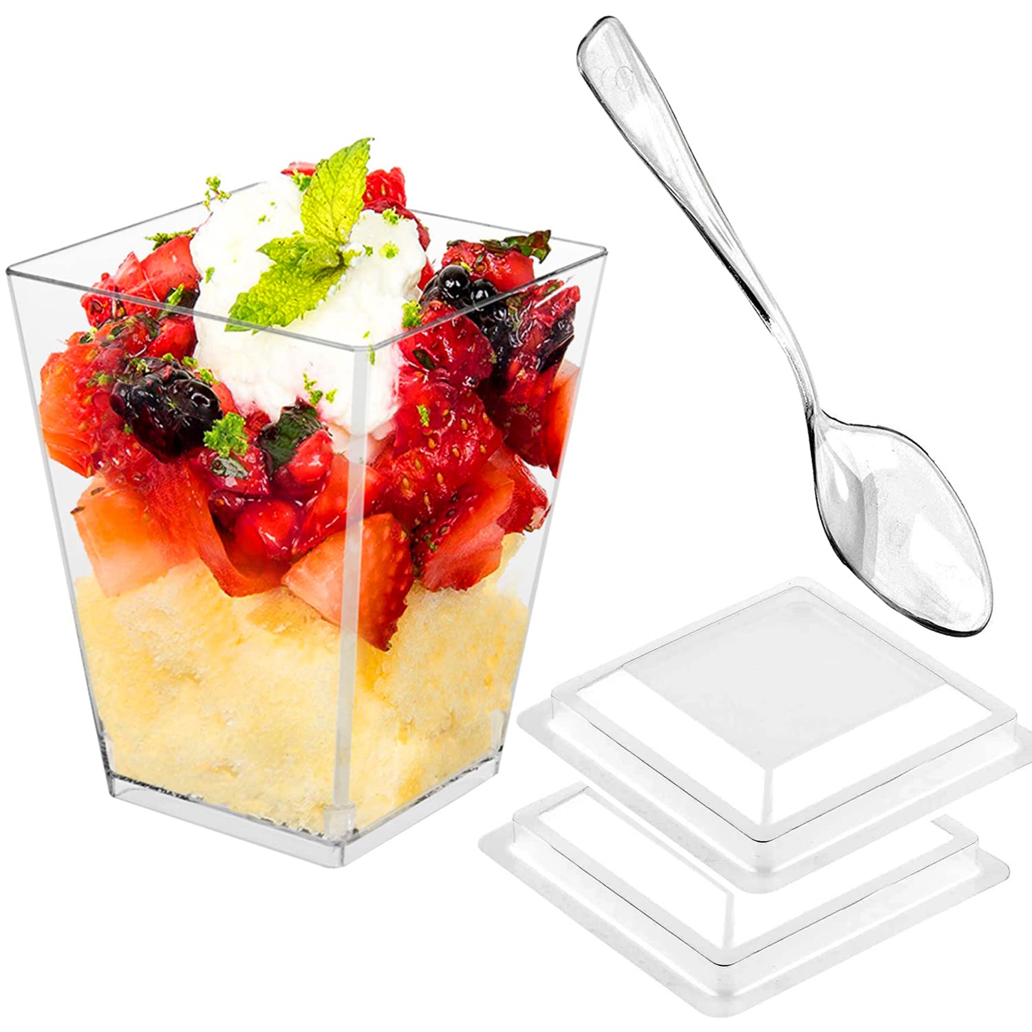 Qicfrk 50 Pack Clear Plastic Dessert Cups ​5 oz Parfait Cups with Lids Disposable Mini Square Cup Shooter Cup Dessert Shooters Lids Appetizer Cups for Puddings,Ice Cream