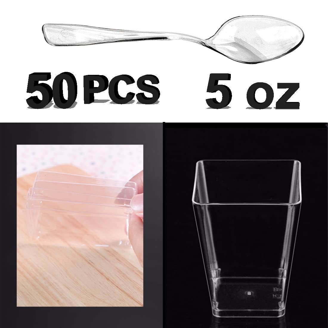 Qicfrk 50 Pack Clear Plastic Dessert Cups ​5 oz Parfait Cups with Lids Disposable Mini Square Cup Shooter Cup Dessert Shooters Lids Appetizer Cups for Puddings,Ice Cream