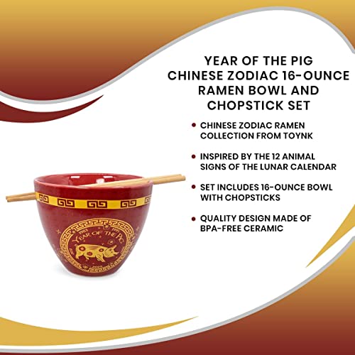 Boom Trendz Year Of The Pig Chinese Zodiac Ceramic Dinnerware Set Includes 16-Ounce Ramen Noodle Bowl Wooden Chopsticks Asian Food Dish Set Home & Kitchen Kawaii Lunar New Year Gifts, Red, One Size