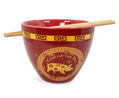 Boom Trendz Year Of The Pig Chinese Zodiac Ceramic Dinnerware Set Includes 16-Ounce Ramen Noodle Bowl Wooden Chopsticks Asian Food Dish Set Home & Kitchen Kawaii Lunar New Year Gifts, Red, One Size