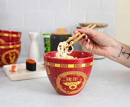 Boom Trendz Year Of The Pig Chinese Zodiac Ceramic Dinnerware Set Includes 16-Ounce Ramen Noodle Bowl Wooden Chopsticks Asian Food Dish Set Home & Kitchen Kawaii Lunar New Year Gifts, Red, One Size