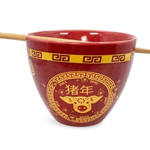 Boom Trendz Year Of The Pig Chinese Zodiac Ceramic Dinnerware Set Includes 16-Ounce Ramen Noodle Bowl Wooden Chopsticks Asian Food Dish Set Home & Kitchen Kawaii Lunar New Year Gifts, Red, One Size