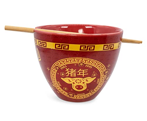 Boom Trendz Year Of The Pig Chinese Zodiac Ceramic Dinnerware Set Includes 16-Ounce Ramen Noodle Bowl Wooden Chopsticks Asian Food Dish Set Home & Kitchen Kawaii Lunar New Year Gifts, Red, One Size